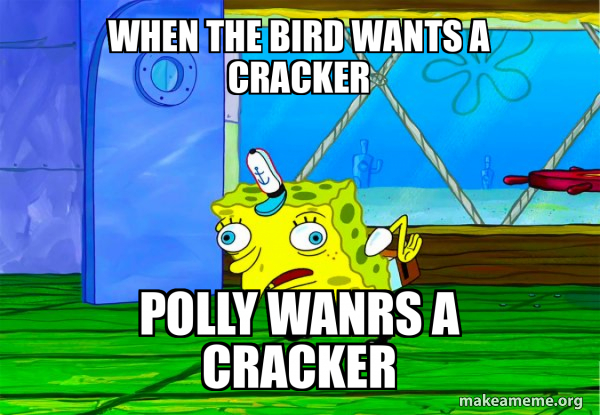 When the bird wants a cracker Polly wanrs a cracker - Mocking SpongeBob Meme Generator