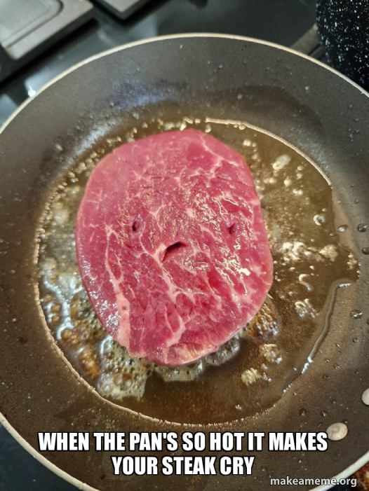 when the pan's so hot it makes your steak cry Meme Generator