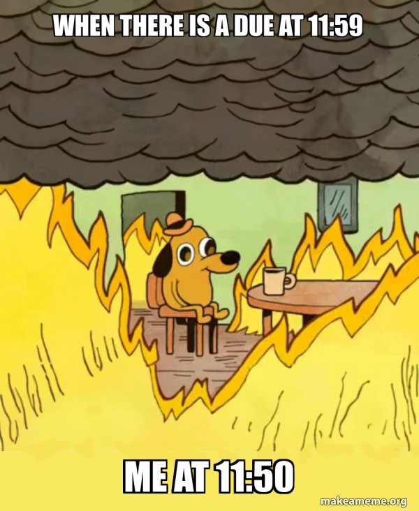 When there is a due at 11:59 Me at 11:50 - This Is Fine Meme Generator