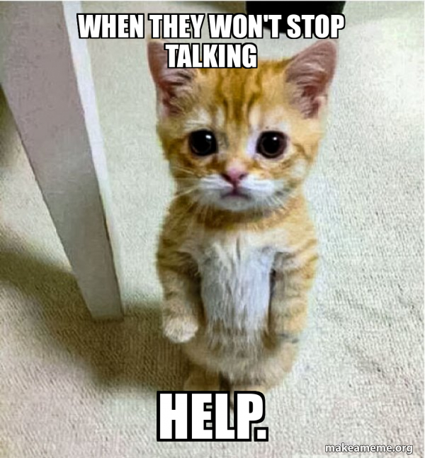 when they won't stop talking HELP. - Cute Cat Standing Meme Generator