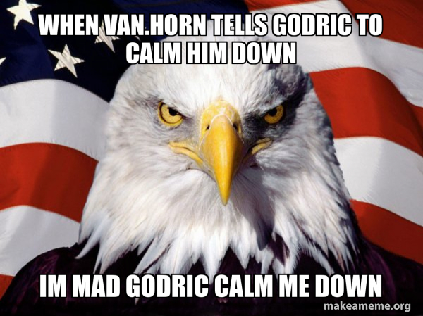 when van.horn tells godric to calm him down Im mad godric calm me down ...