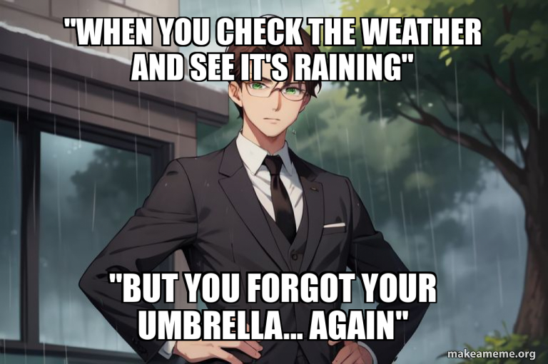 "When you check the weather and see it's raining" "But you forgot your ...