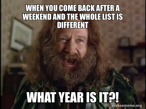 When you come back after a weekend and the whole list is different What ...