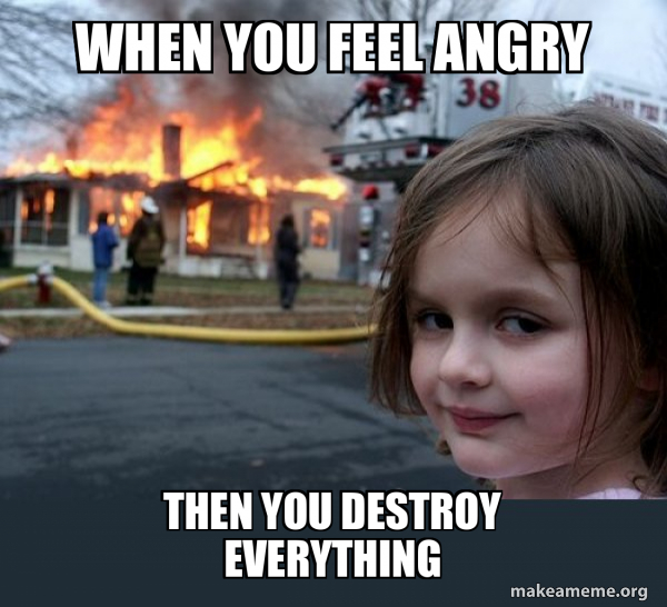 when you feel angry then you destroy everything - Disaster Girl Meme ...