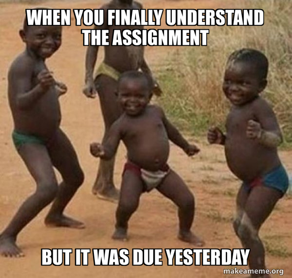 When you finally understand the assignment But it was due yesterday ...