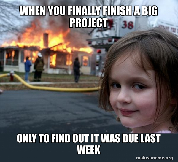 When you finally finish a big project Only to find out it was due last week - Disaster Girl Meme ...