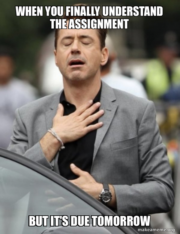 When you finally understand the assignment But it's due tomorrow - Tony ...