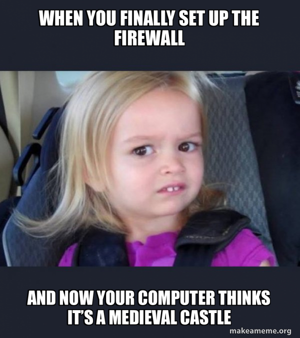When you finally set up the firewall And now your computer thinks it’s ...