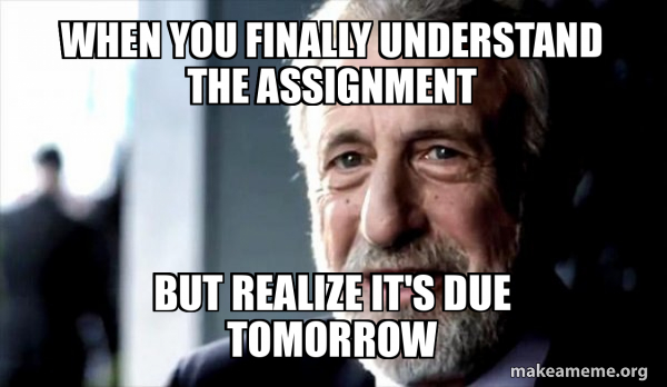 When you finally understand the assignment But realize it's due ...