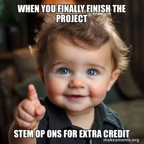 When you finally finish the project Stem op ons for extra credit Meme ...