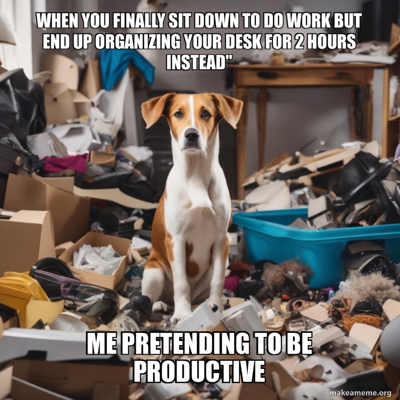 When you finally sit down to do work but end up organizing your desk ...