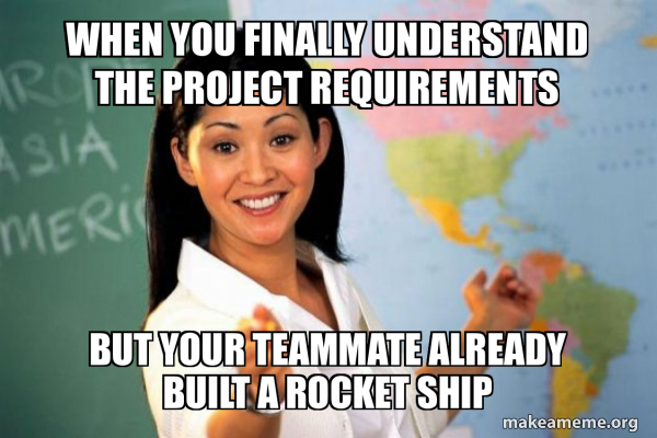 When you finally understand the project requirements But your teammate ...