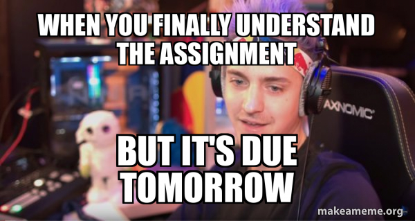 When you finally understand the assignment But it's due tomorrow ...