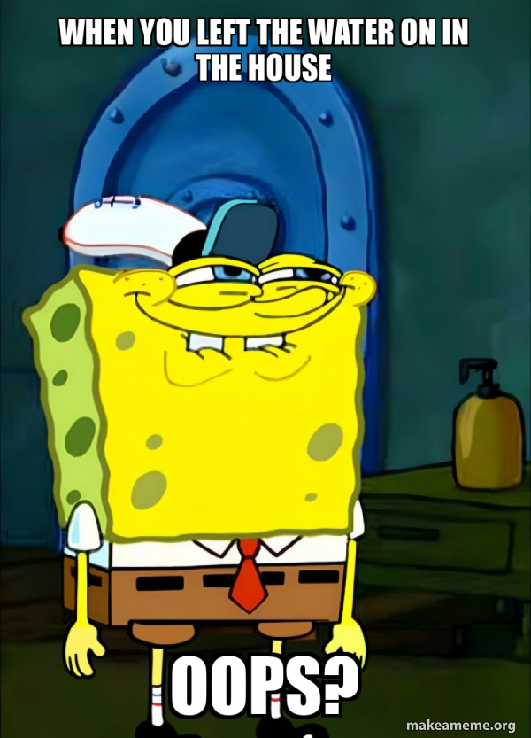 When you left the water on in the house Oops? - SpongeBob Grin Meme ...