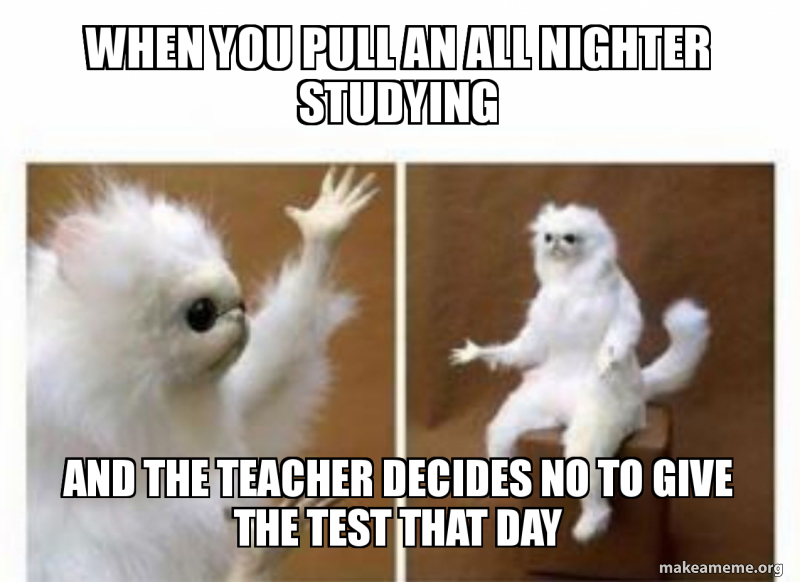 When you pull an all nighter studying and the teacher decides no to ...