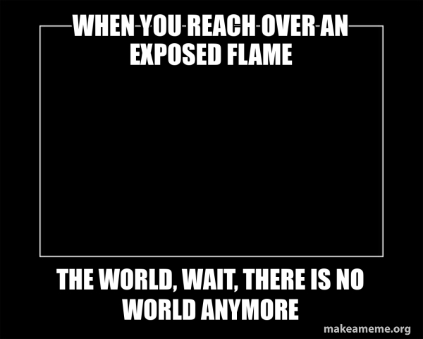 When you reach over an exposed flame The world, wait, there is no world ...