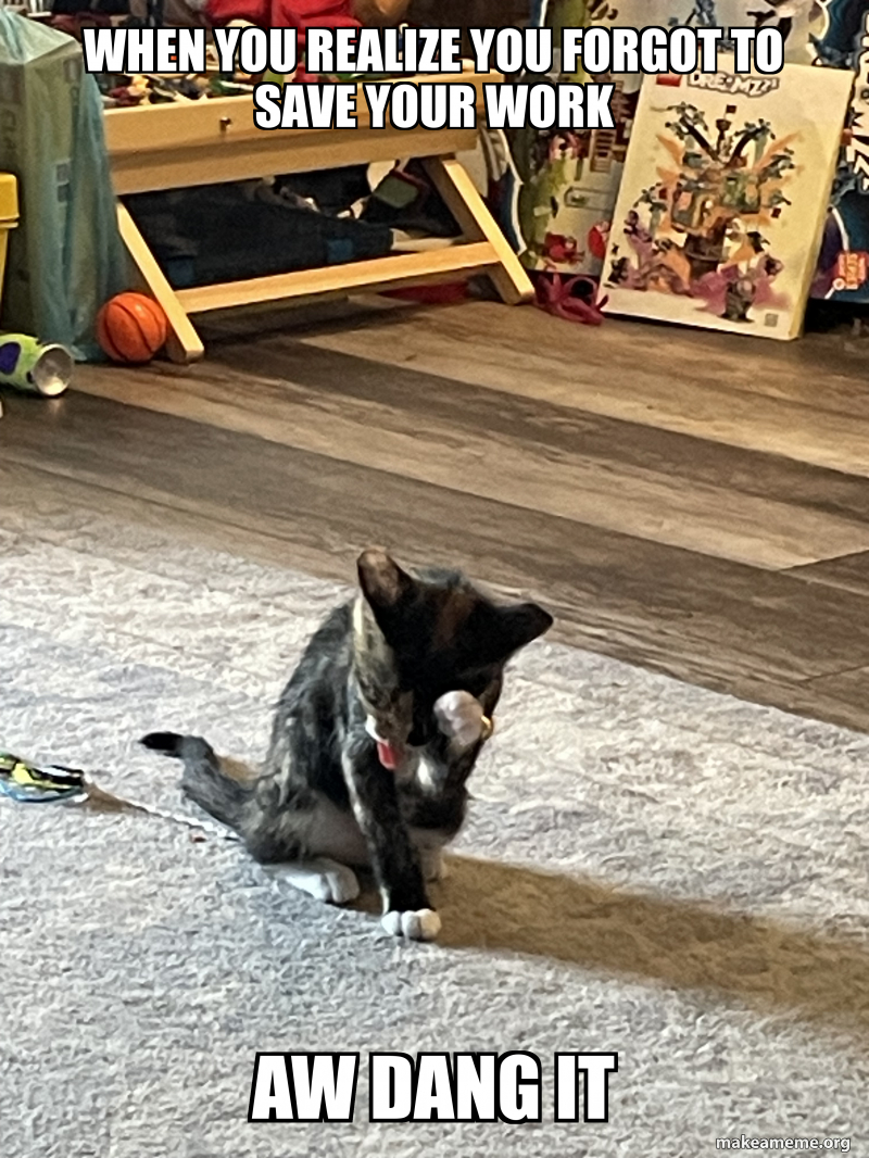 When you realize you forgot to save your work Aw dang it Meme Generator