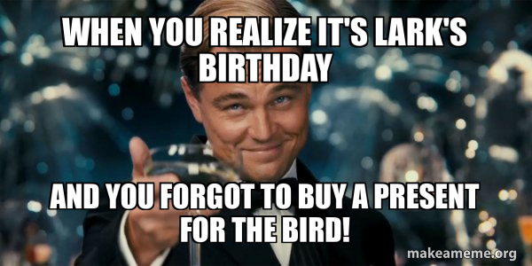 When you realize it's Lark's birthday And you forgot to buy a present ...