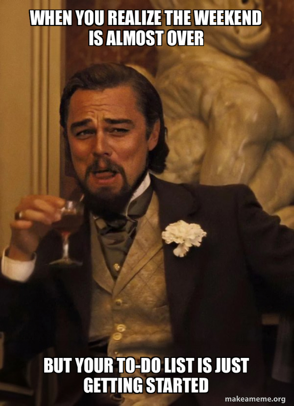 When you realize the weekend is almost over But your to-do list is just getting started ...
