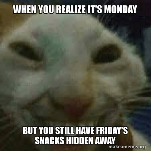 When you realize it's Monday But you still have Friday's snacks hidden ...