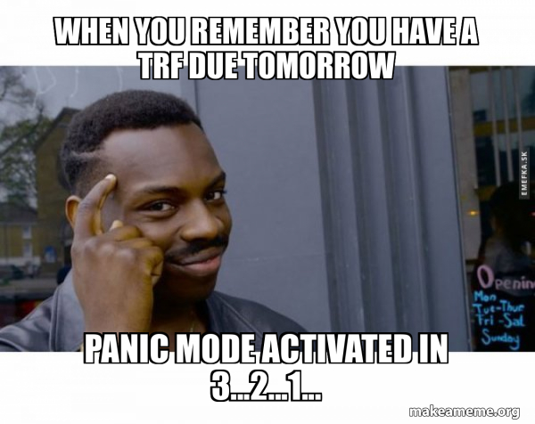 When you remember you have a TRF due tomorrow Panic mode activated in 3...2...1... - Roll Safe ...