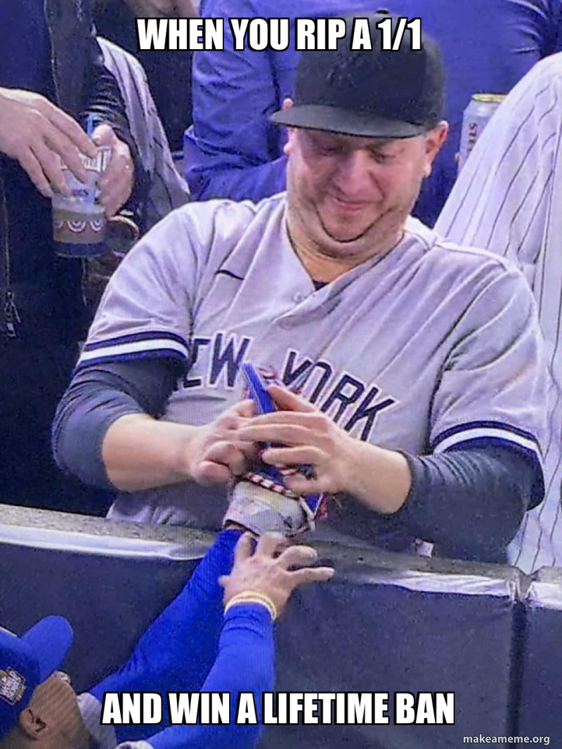 when you rip a 1/1 and win a lifetime ban Meme Generator