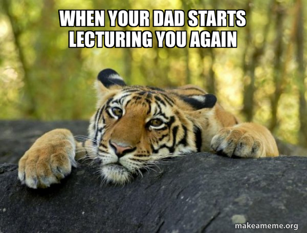 When your dad starts lecturing you again - Confession Tiger Meme Generator