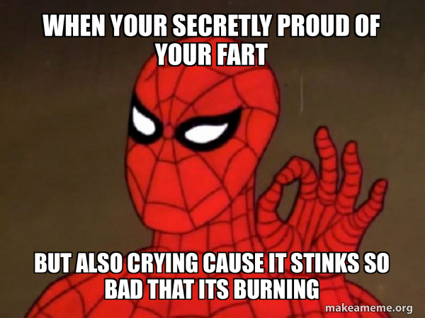 when your secretly proud of your fart but also crying cause it stinks ...