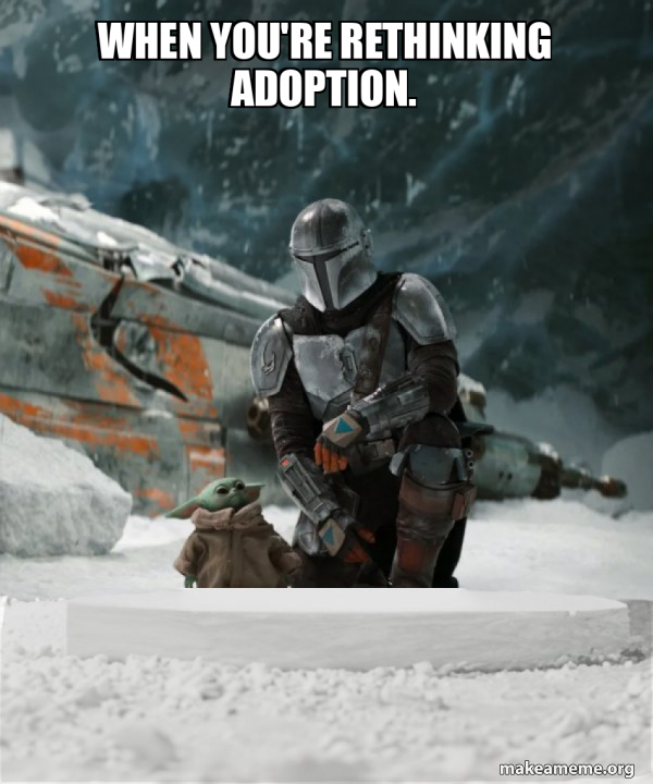 When you're rethinking adoption. - Baby Yoda and Mando Meme Generator