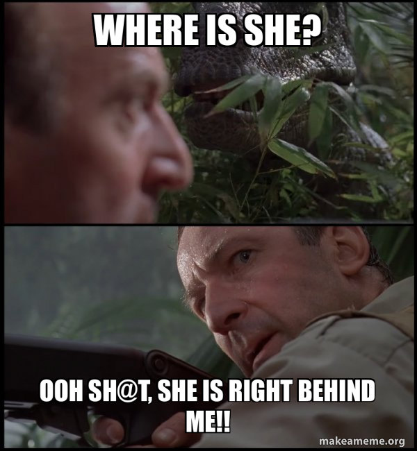 WHERE IS SHE? OOH SH@T, SHE IS RIGHT BEHIND ME!! - Clever Girl Meme ...