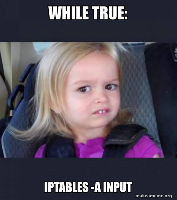while true: iptables -a input - Side-Eyes Chloe Meme Generator