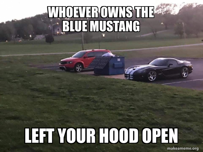 whoever owns the blue mustang left your hood open Meme Generator