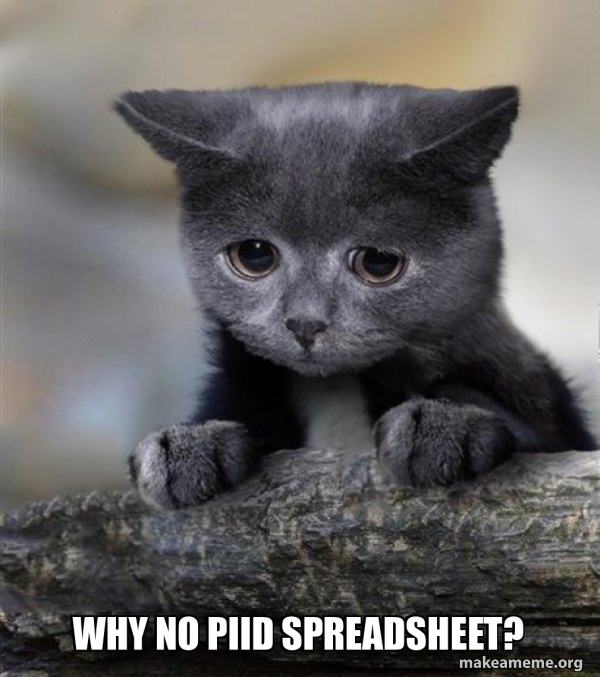 Why no PIID spreadsheet? - Confession Cat Meme Generator