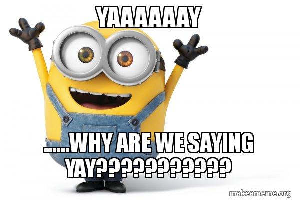 yaaaaaay ......why are we saying yay??????????? - Happy Minion Meme ...