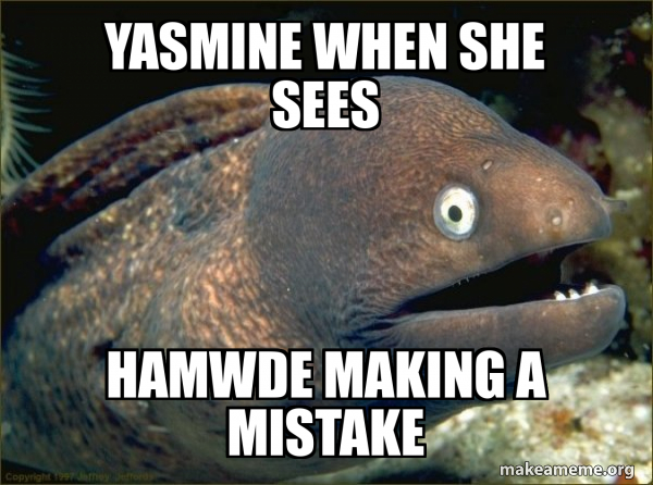 Yasmine when she sees hamwde making a mistake - Bad Joke Eel Meme Generator