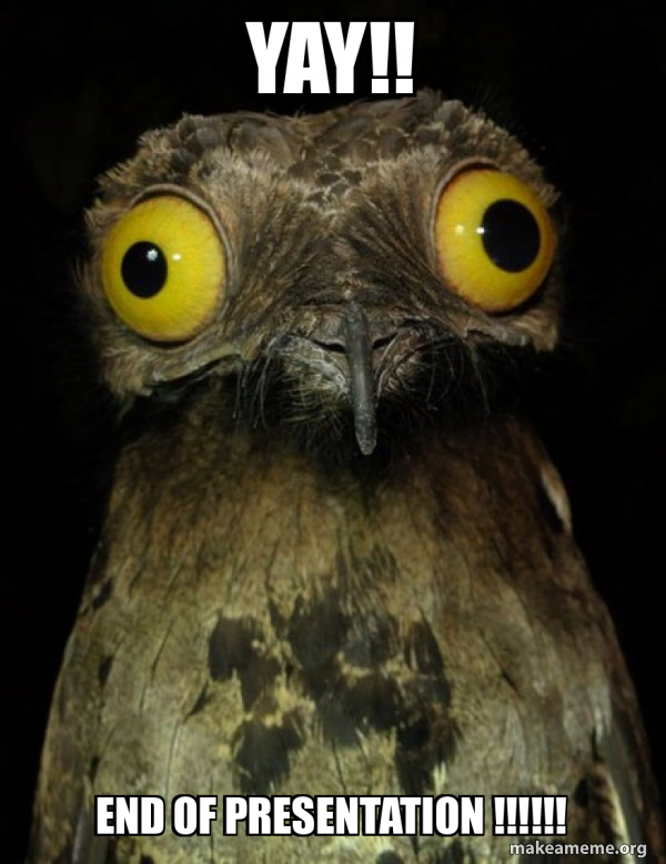 YAY!! END OF PRESENTATION !!!!!! - Weird Stuff I do Potoo Meme Generator