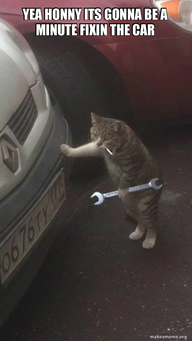 yea honny its gonna be a minute fixin the car - Mechanic Cat Meme Generator