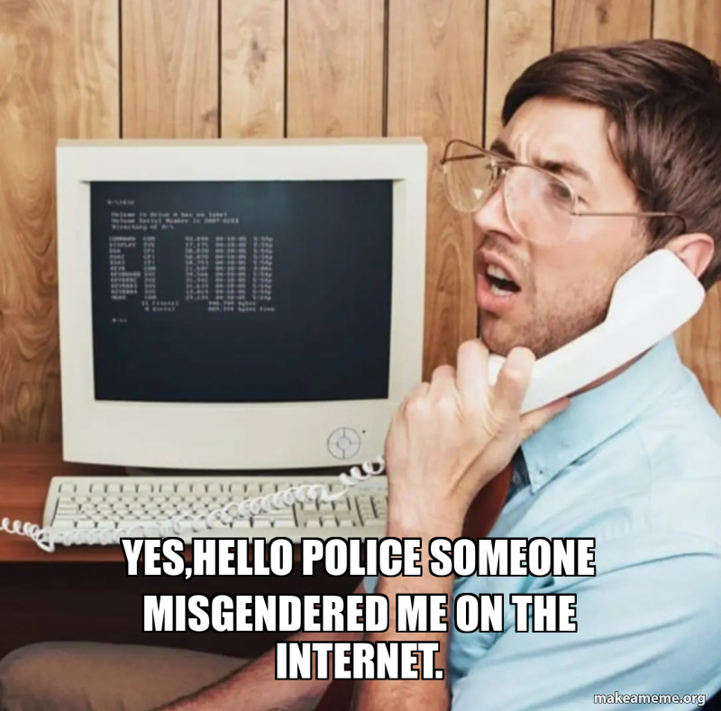 Yes,hello police someone misgendered me on the Internet. Meme Generator