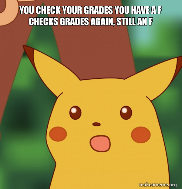 You check your grades you have a F Checks grades again, still an F - Surprised Pikachu Meme ...