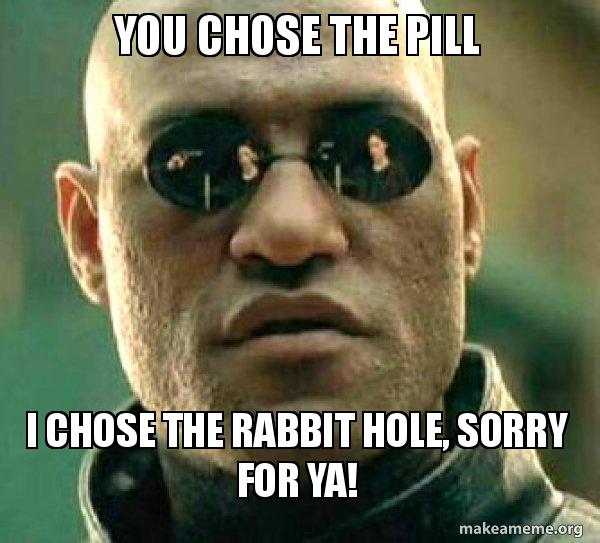 You chose the pill I chose the rabbit hole, sorry for ya! - Matrix ...