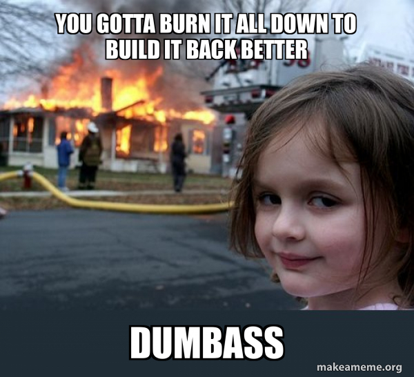 you gotta burn it all down to build it back better dumbass - Disaster ...