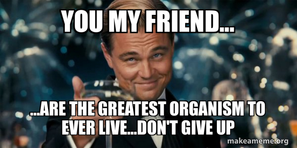 You my friend... ...are the greatest Organism to ever live...Don't give ...