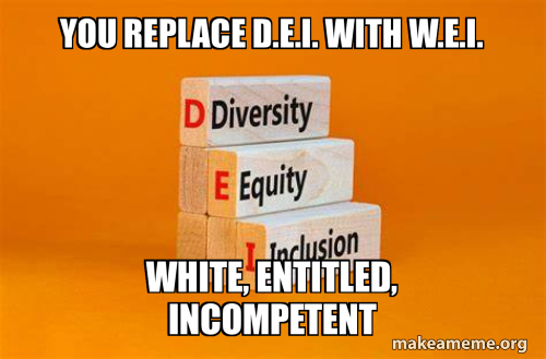 you replace D.E.I. with w.e.i. white, entitled, incompetent Meme Generator