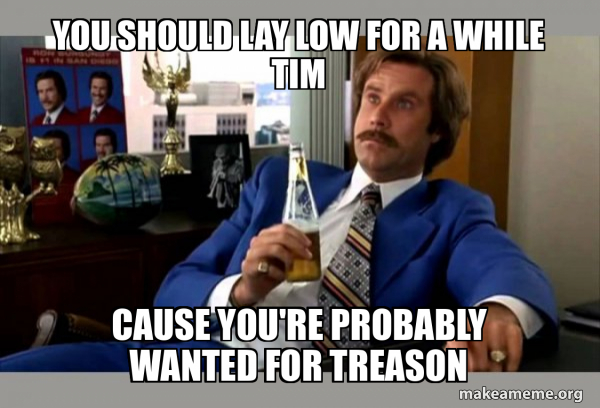 You should lay low for a while tim Cause you're probably wanted for ...