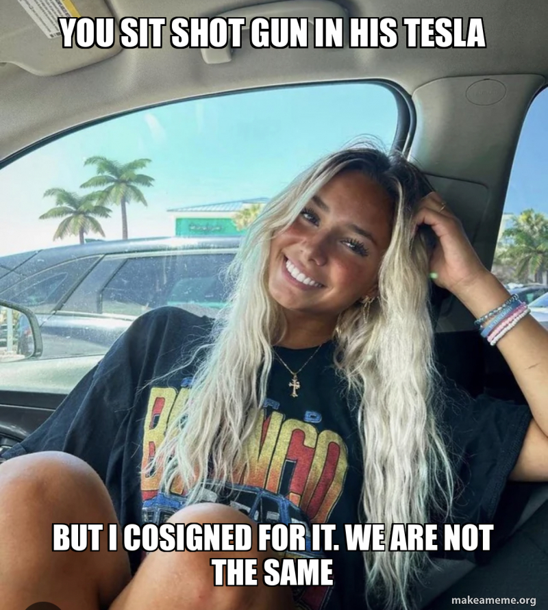 You sit shot gun in his tesla But i cosigned for it. We are not the ...