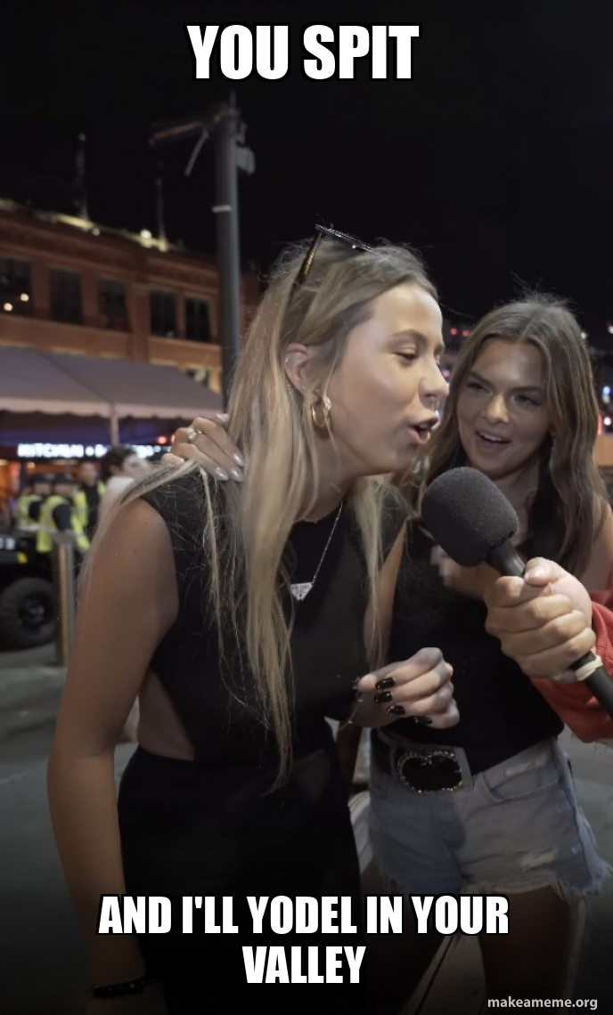 you spit and i'll yodel in your valley - Hawk Tuah Meme Generator