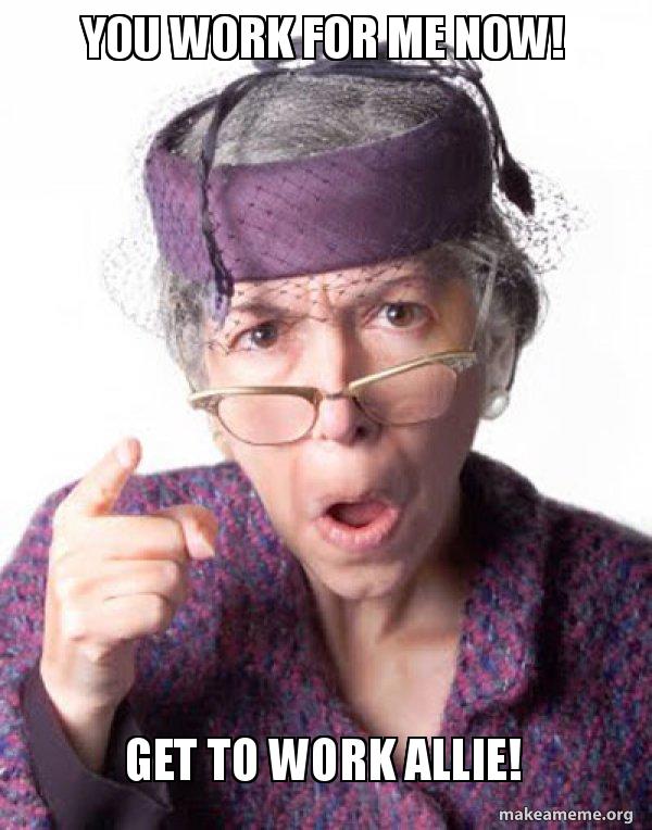You work for me now! Get to work Allie! - Disapproving Grandma Meme ...