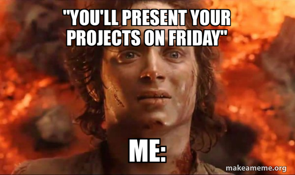 "You'll present your projects on Friday" Me: - Frodo it's over it's ...
