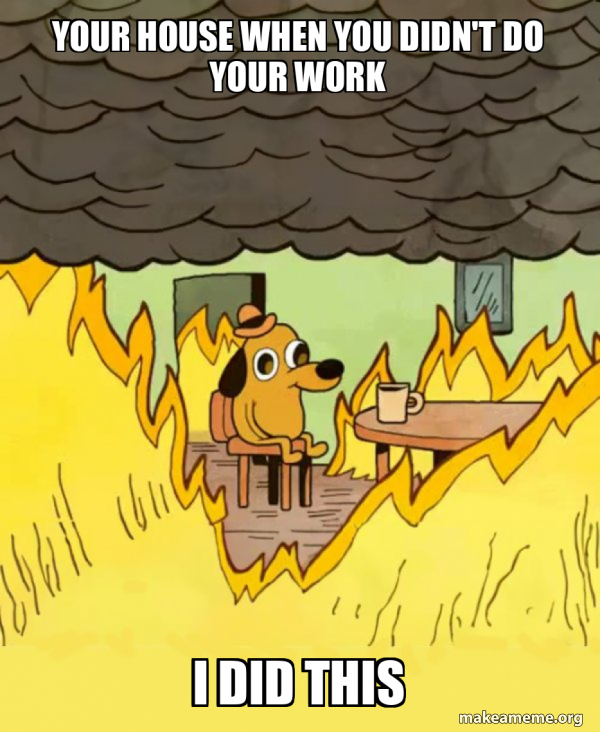 Your House When You didn't do your work I DID THIS - This Is Fine Meme ...
