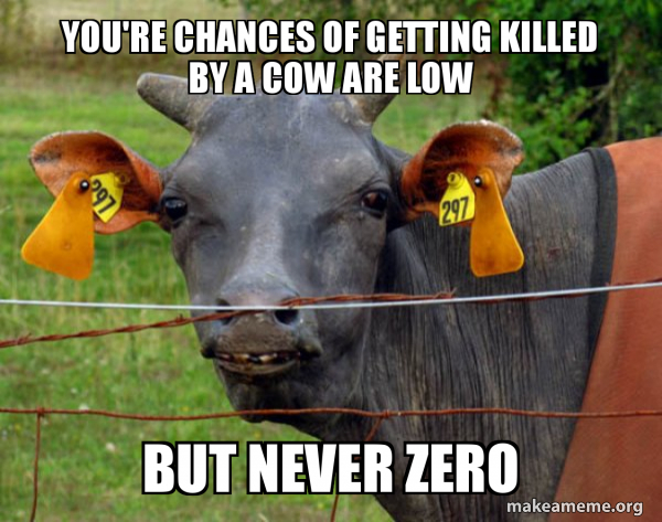 you're chances of getting killed by a cow are low but never zero ...